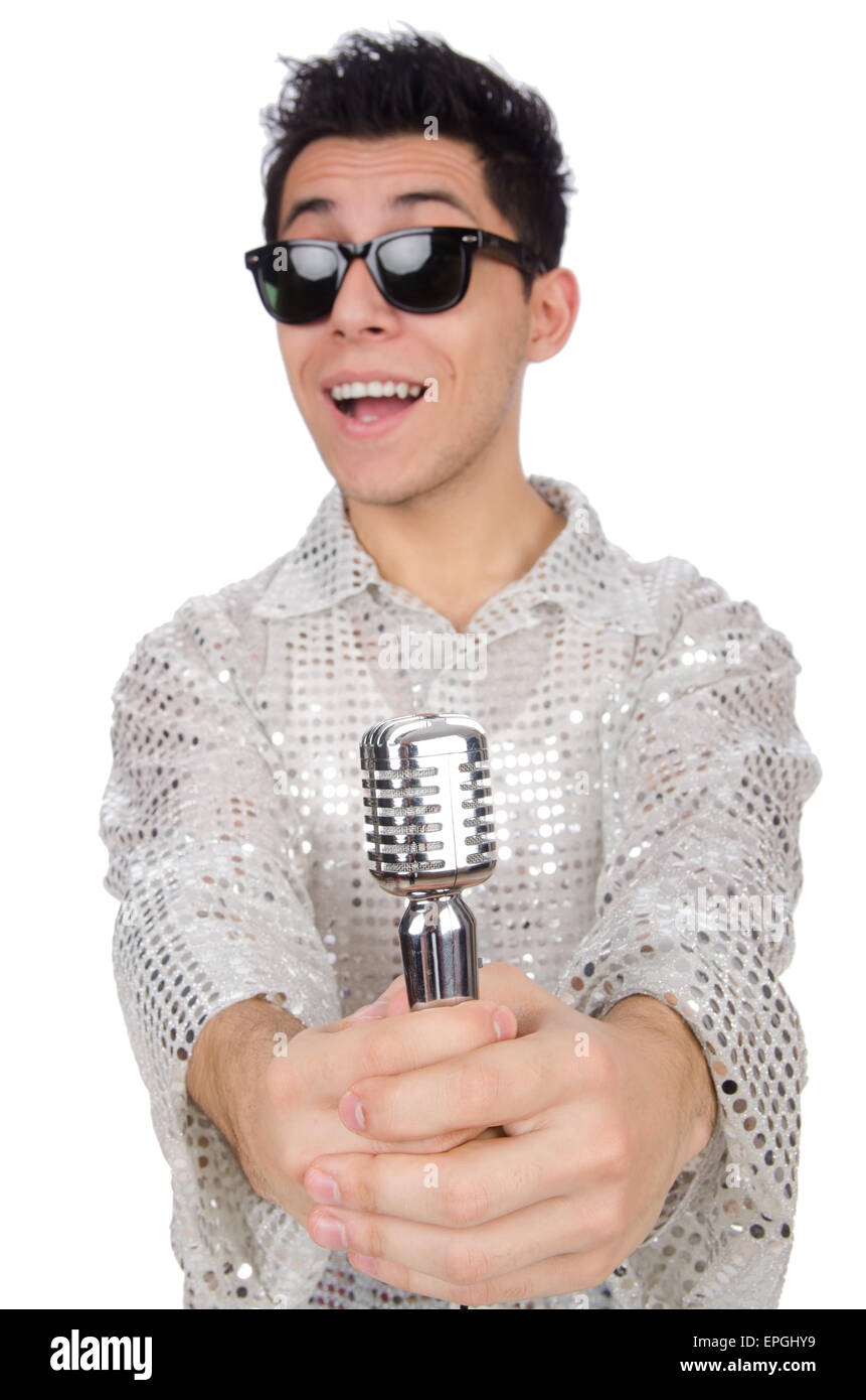 Man with mic isolated on white Stock Photo - Alamy