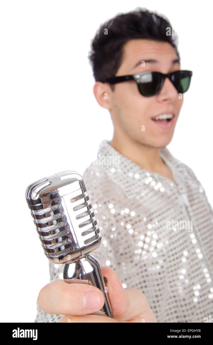 Man with mic isolated on white Stock Photo - Alamy