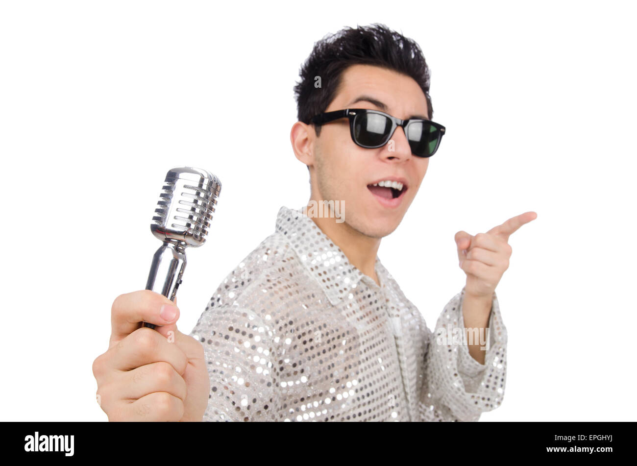Man with mic isolated on white Stock Photo - Alamy