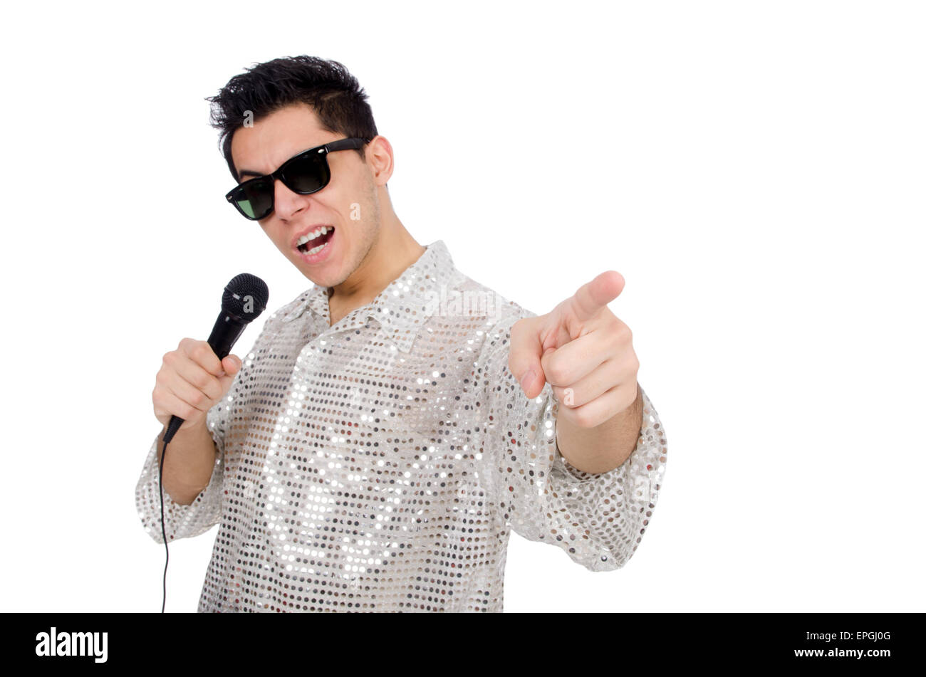 Man with mic isolated on white Stock Photo - Alamy