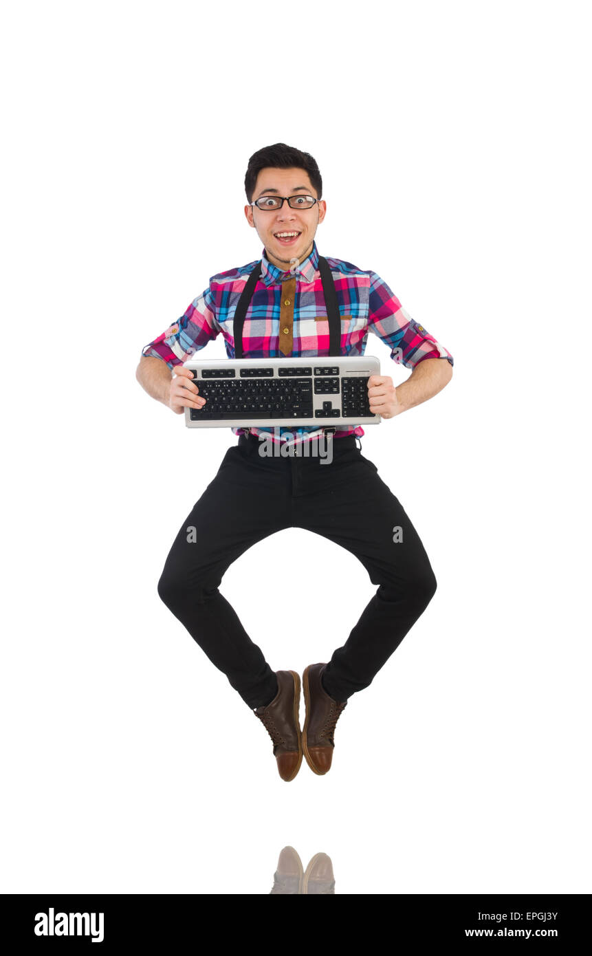 Computer nerd with keyboard isolated on white Stock Photo - Alamy