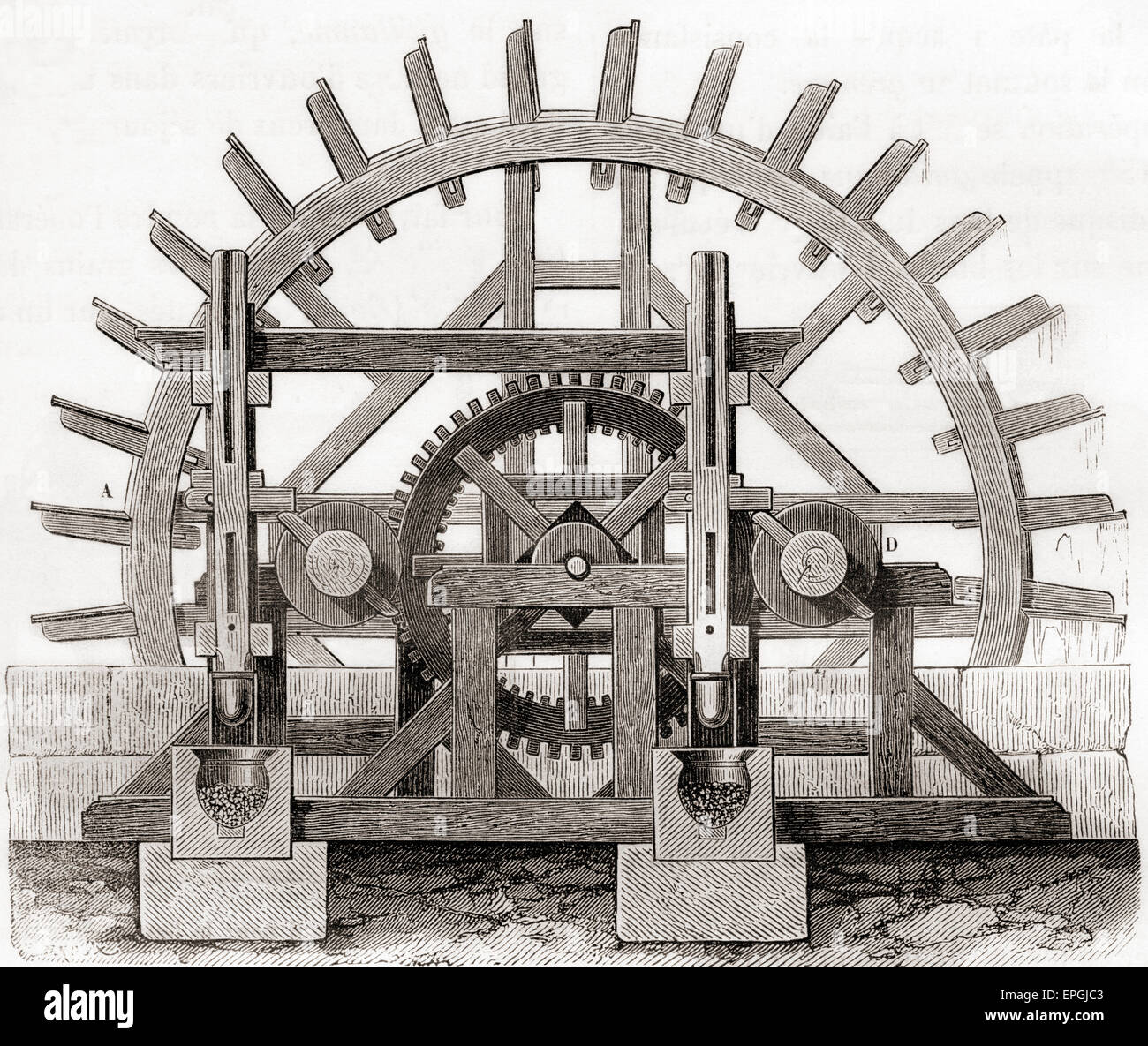 A powder mill and its water wheel. A mill where black powder, a type of ...