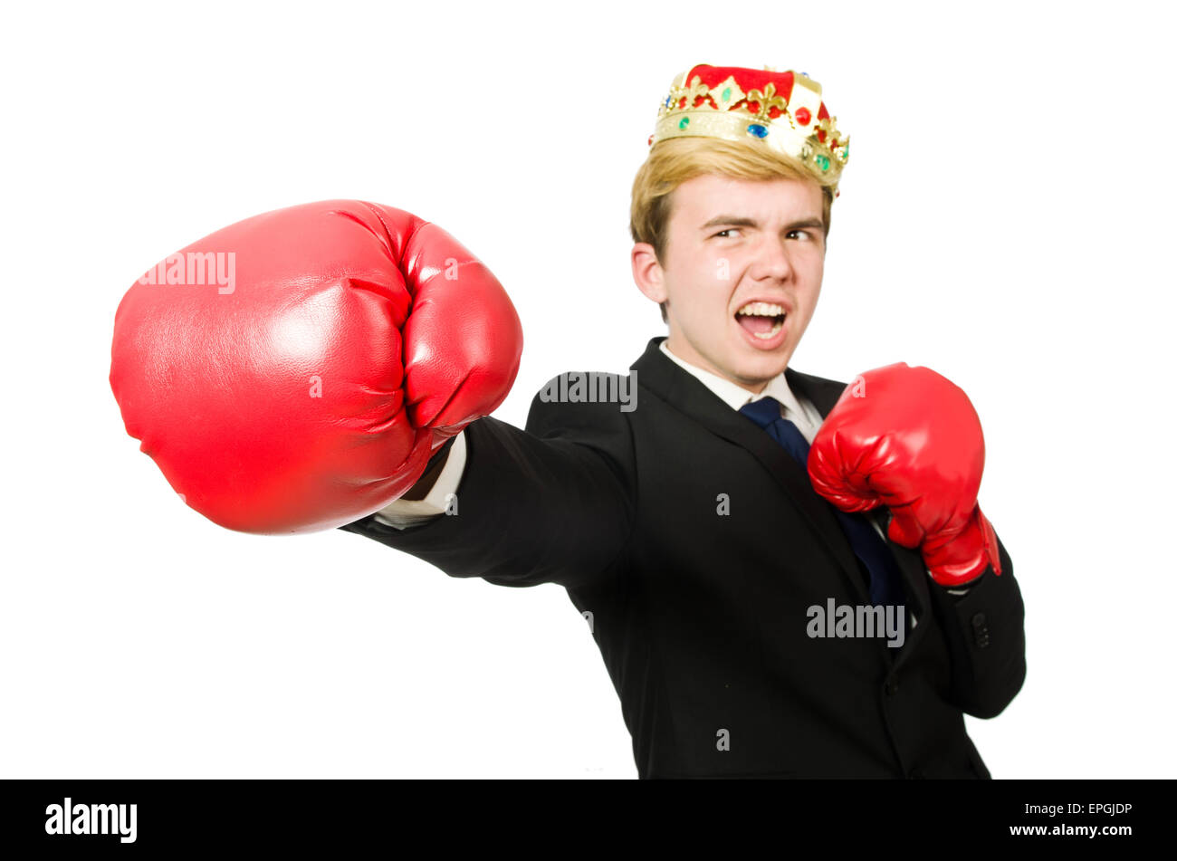 Funny businessman with crown and boxing gloves Stock Photo - Alamy
