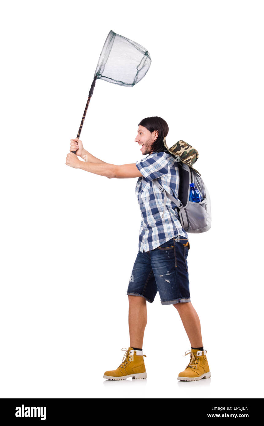 Man with catching net isolated on white Stock Photo - Alamy