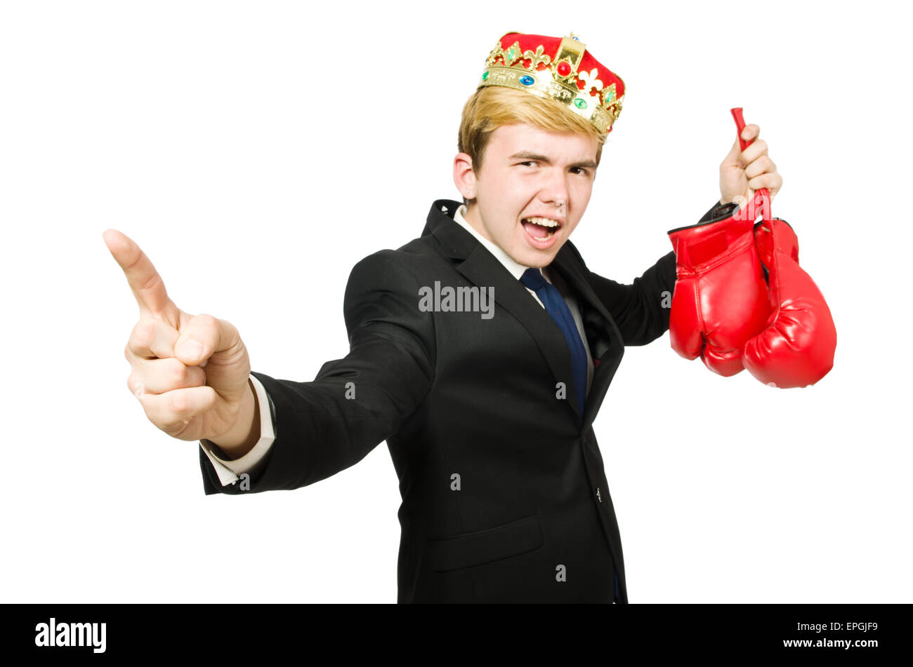 Funny businessman with crown and boxing gloves Stock Photo - Alamy