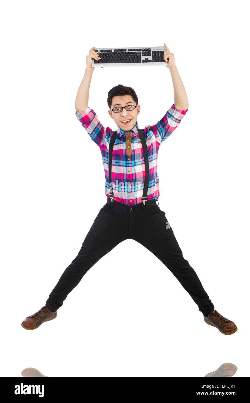 Computer nerd with keyboard isolated on white Stock Photo - Alamy