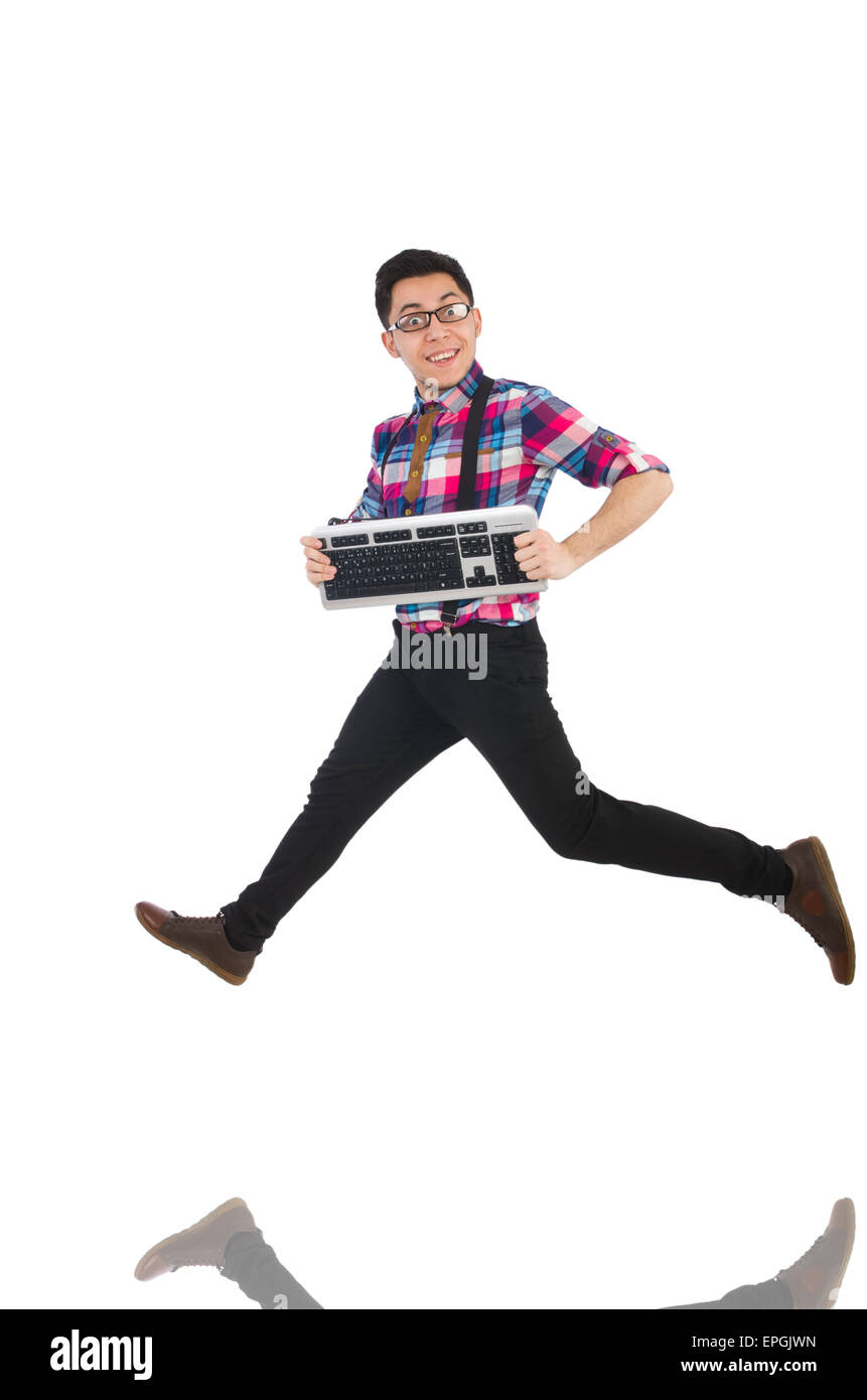Computer nerd with keyboard isolated on white Stock Photo - Alamy