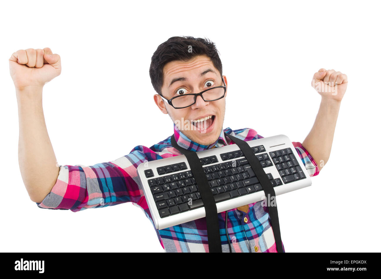 Computer nerd with keyboard isolated on white Stock Photo - Alamy