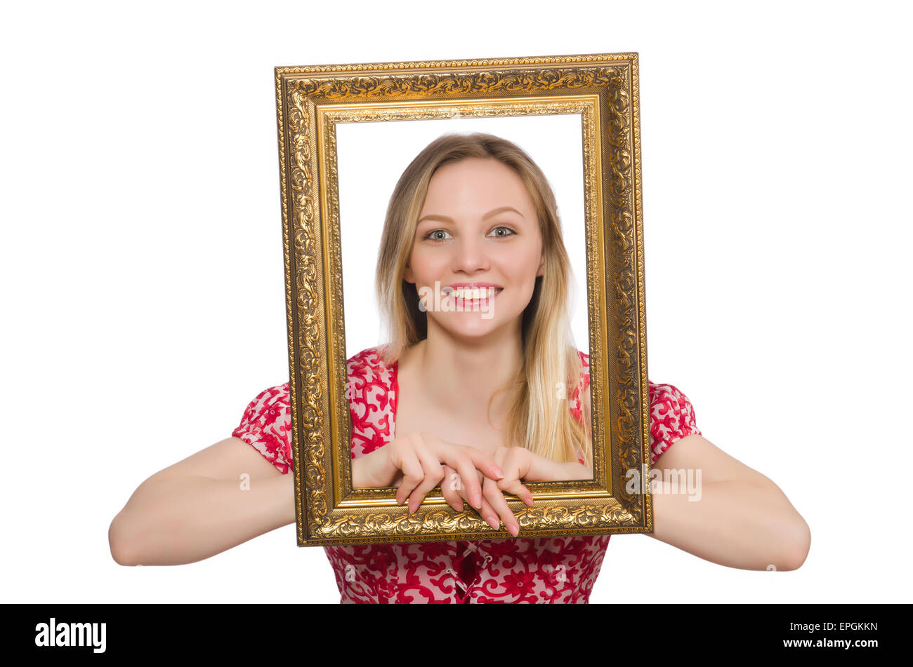 Woman holding picture frame isolated on white Stock Photo - Alamy
