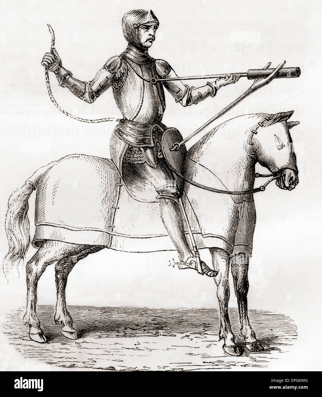 Soldier on horseback using a hand held bombard. Late 14th and early ...