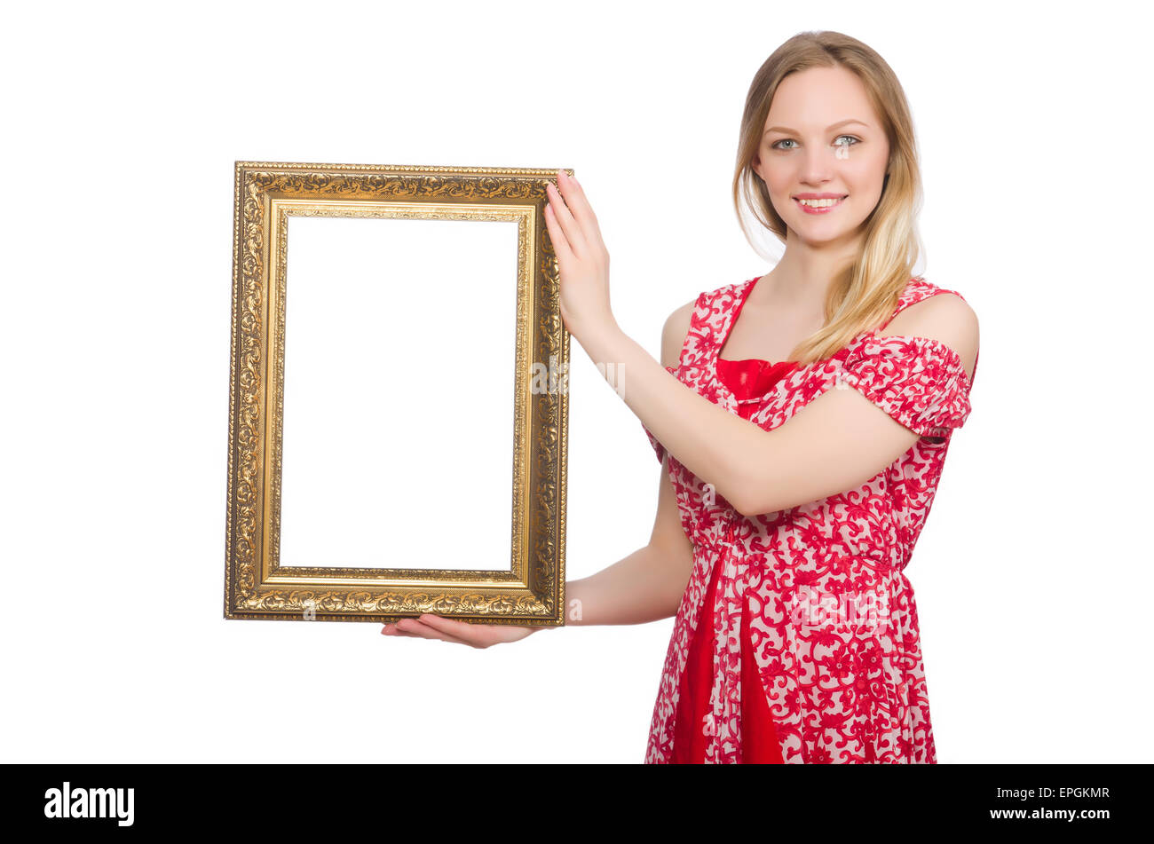 Woman holding picture frame isolated on white Stock Photo - Alamy