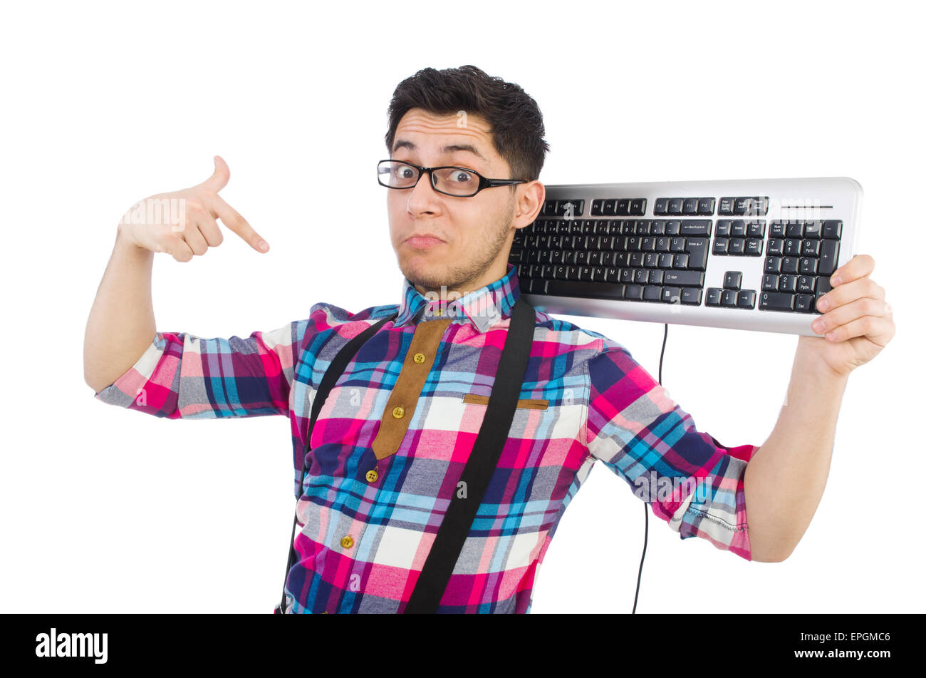 Computer nerd with keyboard isolated on white Stock Photo - Alamy