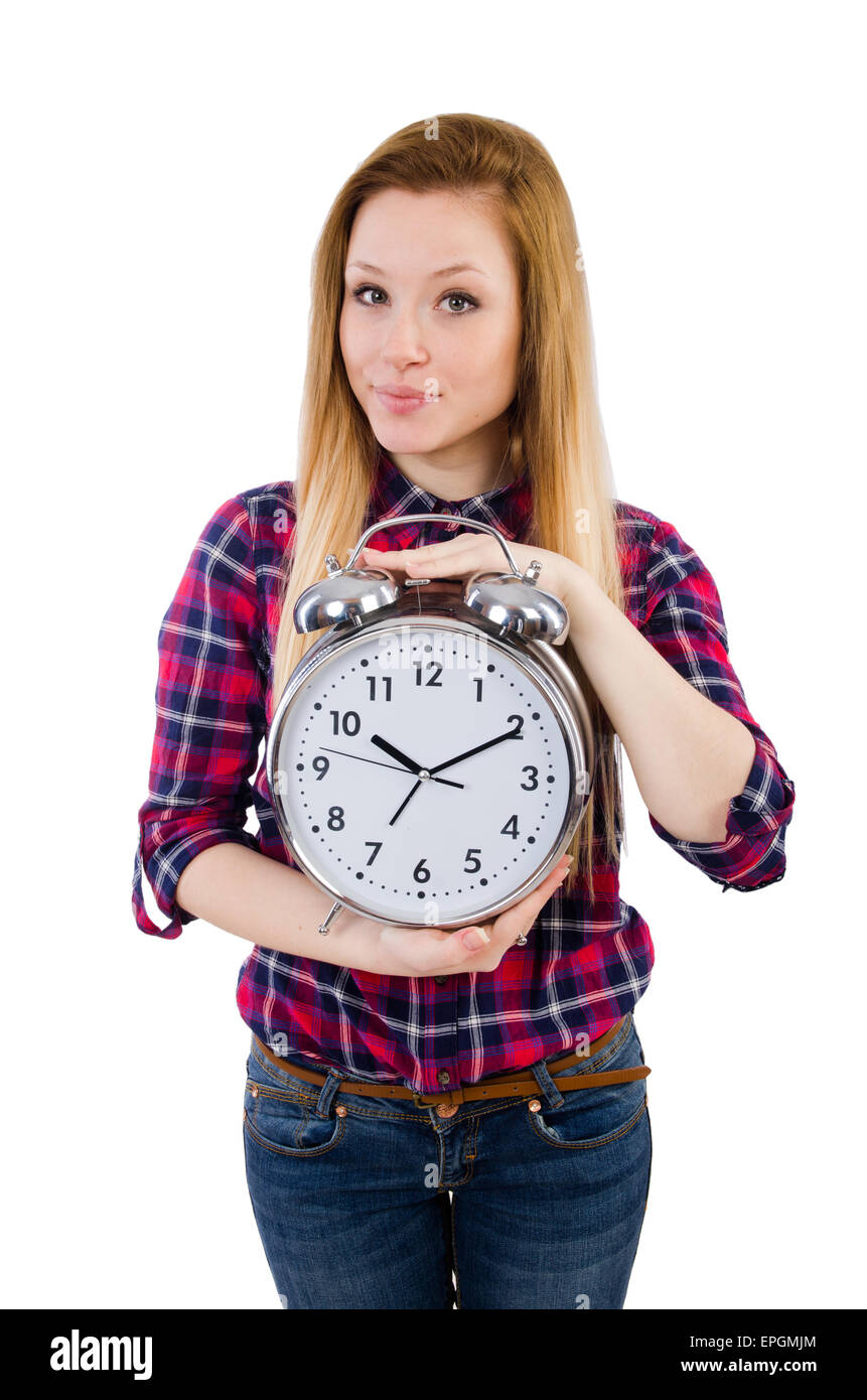 Woman with clock isolated on white Stock Photo - Alamy