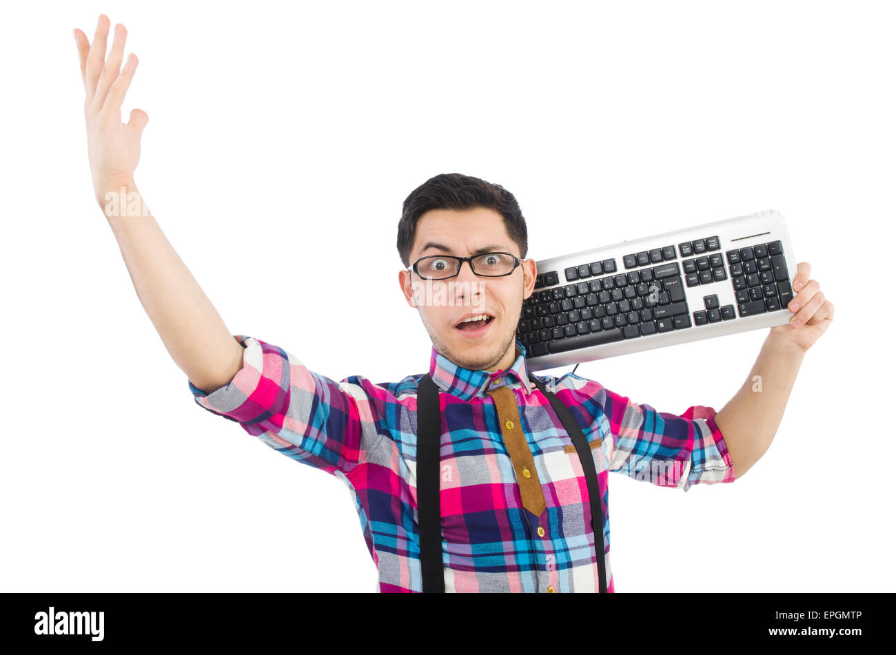 Computer nerd with keyboard isolated on white Stock Photo - Alamy
