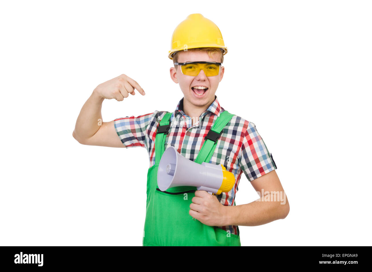 Funny construction worker with loudspeaker on white Stock Photo - Alamy