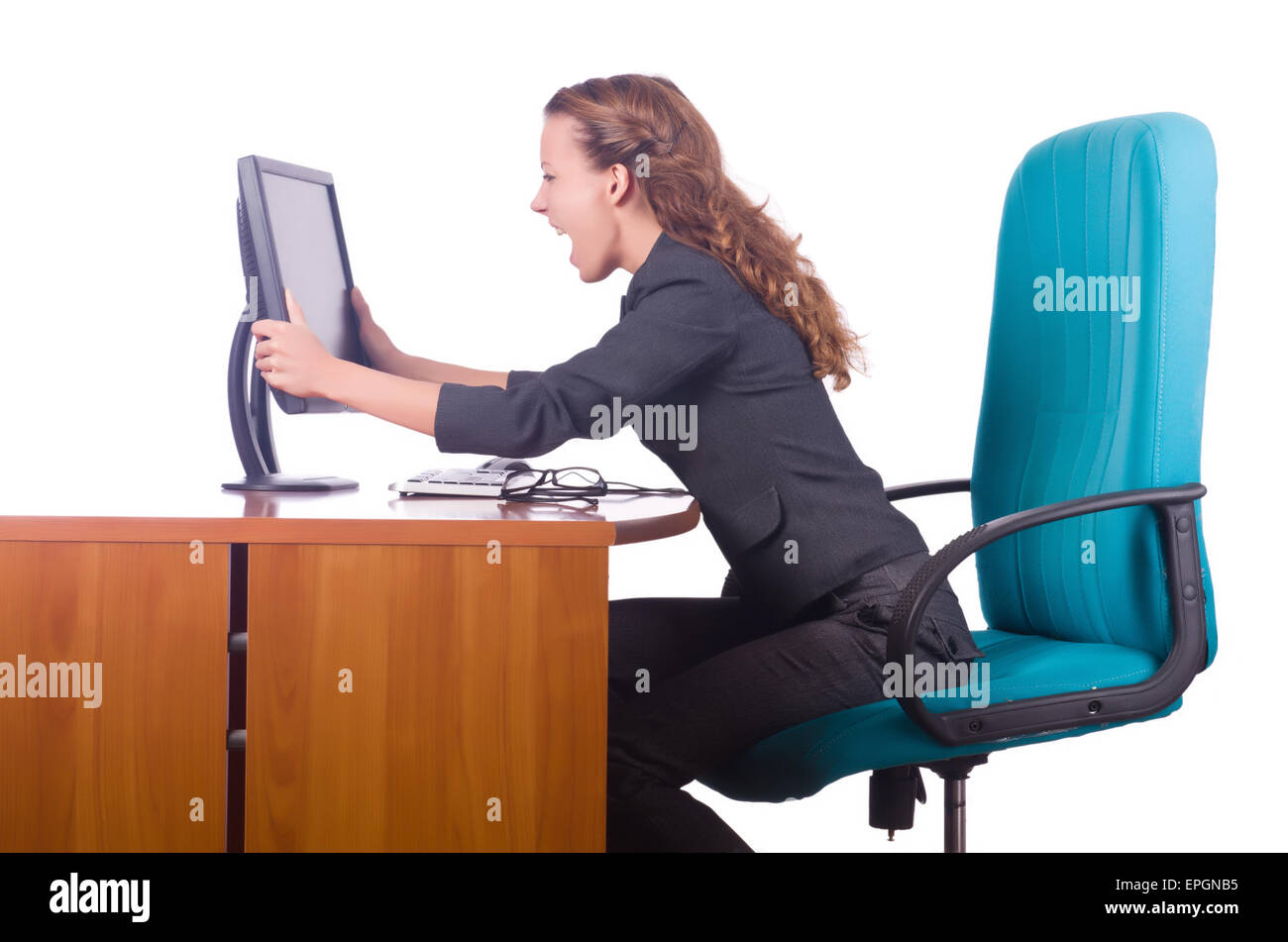 Angry businesswoman trying to break computer screen Stock Photo - Alamy