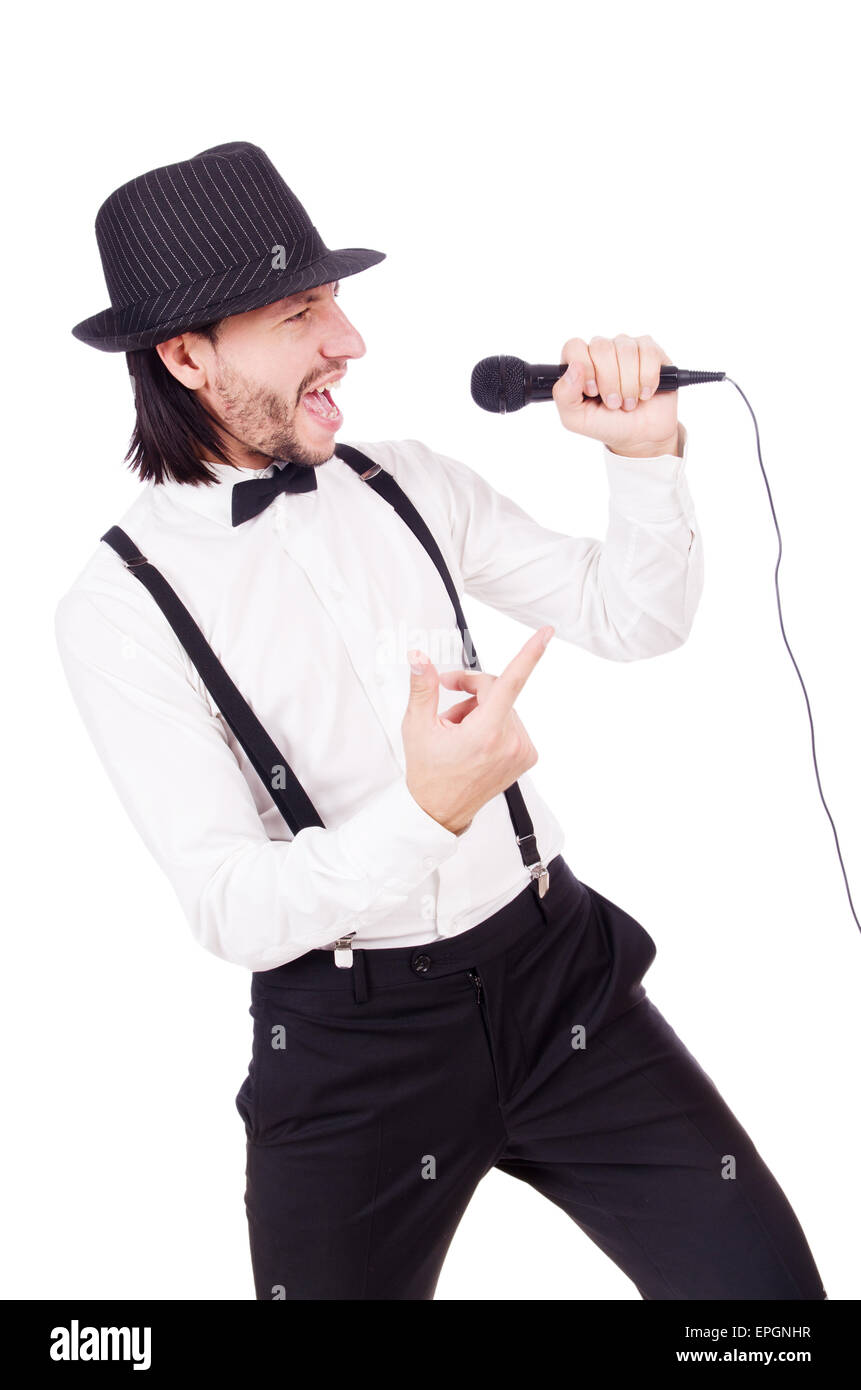 Funny man singing isolated on the white Stock Photo - Alamy