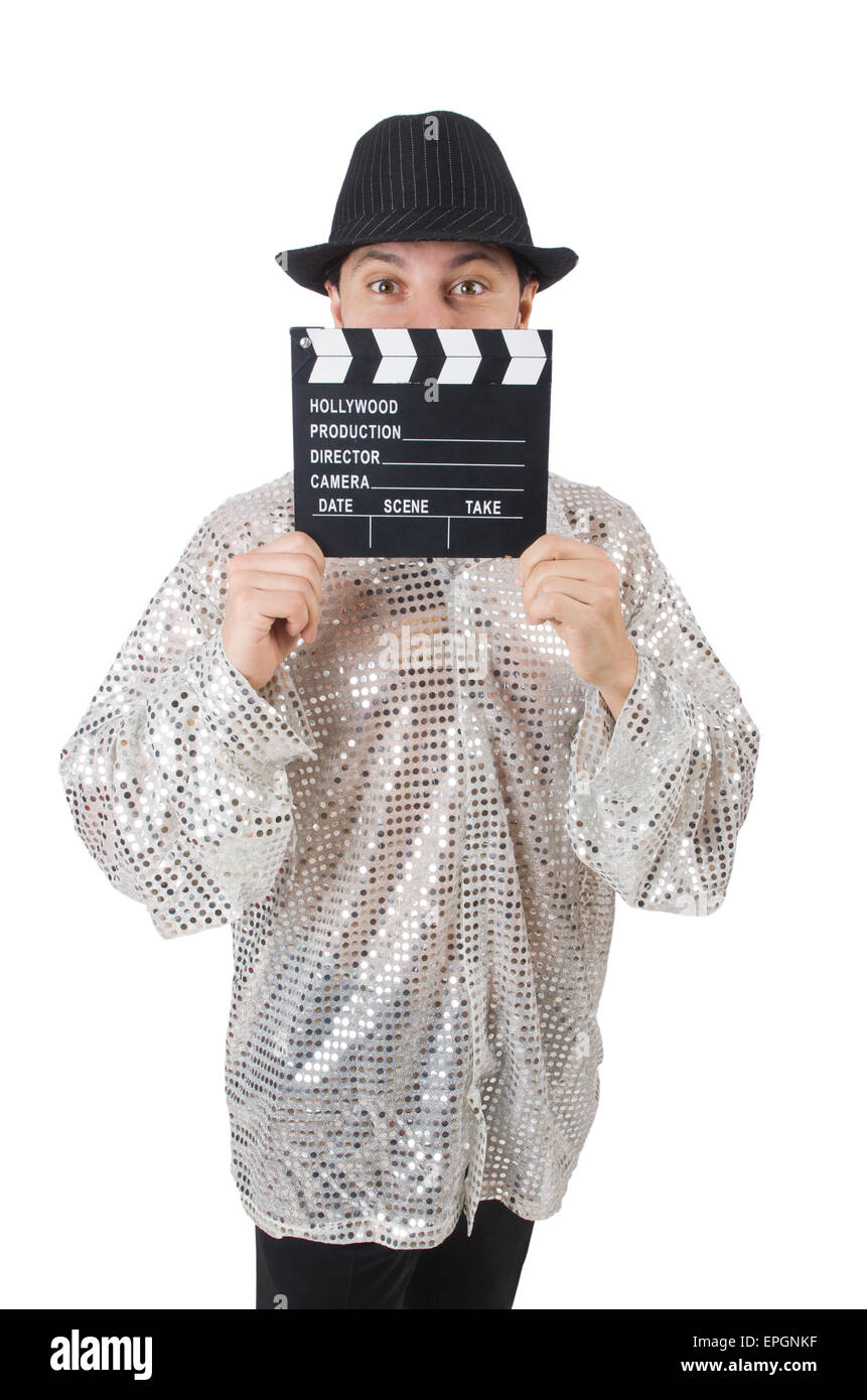 Man with movie clapperboard and hat Stock Photo - Alamy