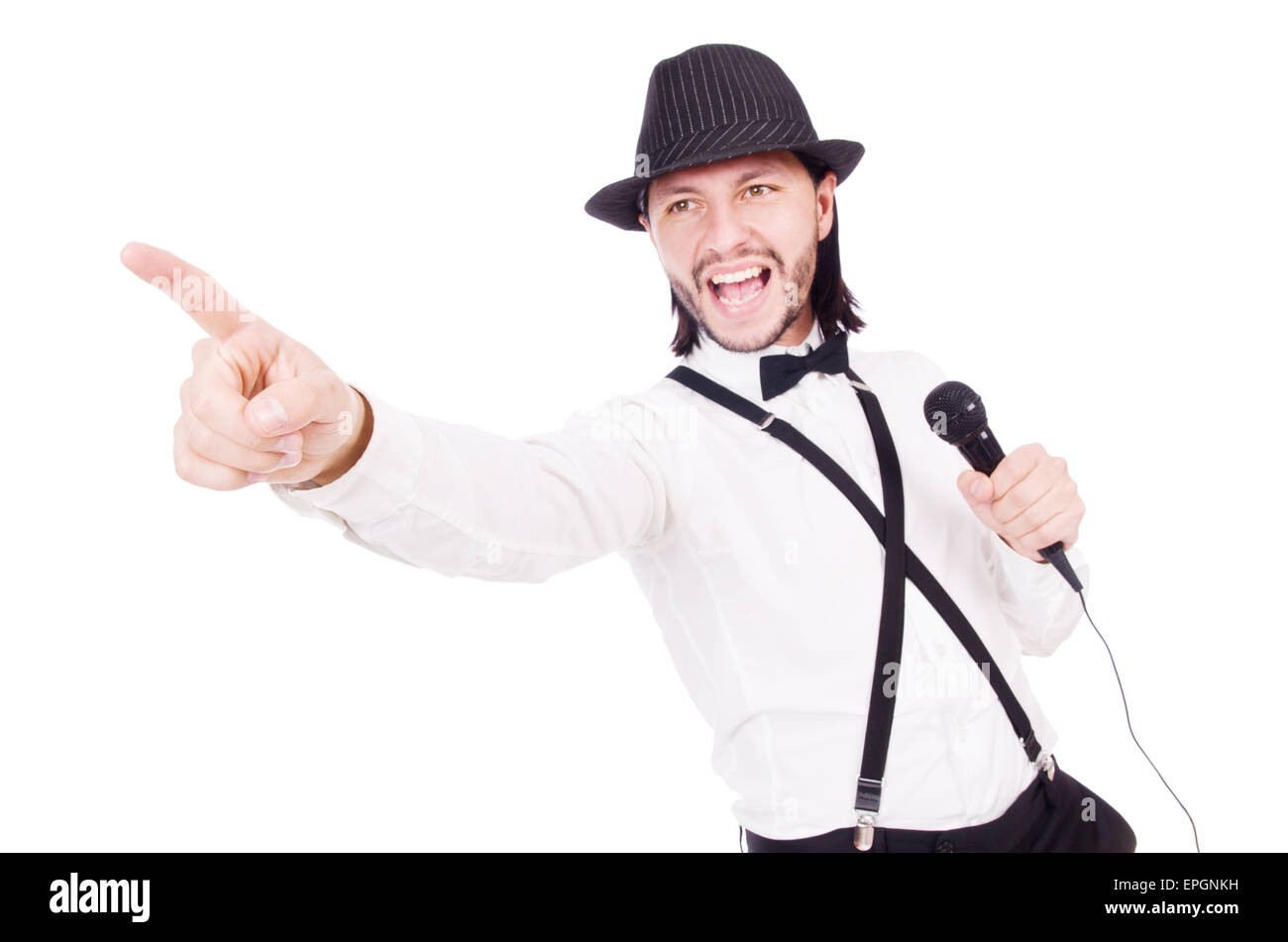 Funny man singing isolated on the white Stock Photo - Alamy