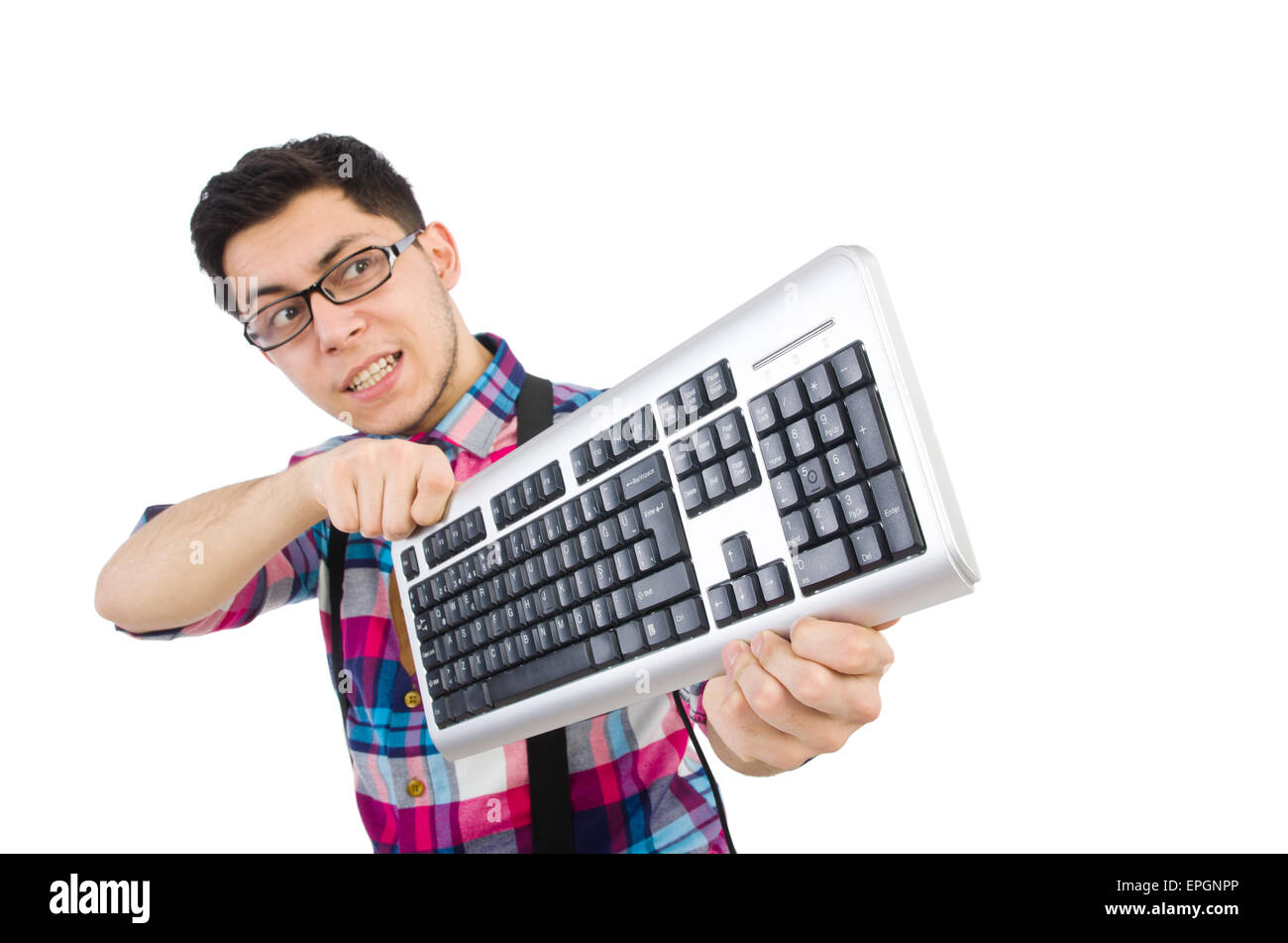 Computer nerd with keyboard isolated on white Stock Photo - Alamy