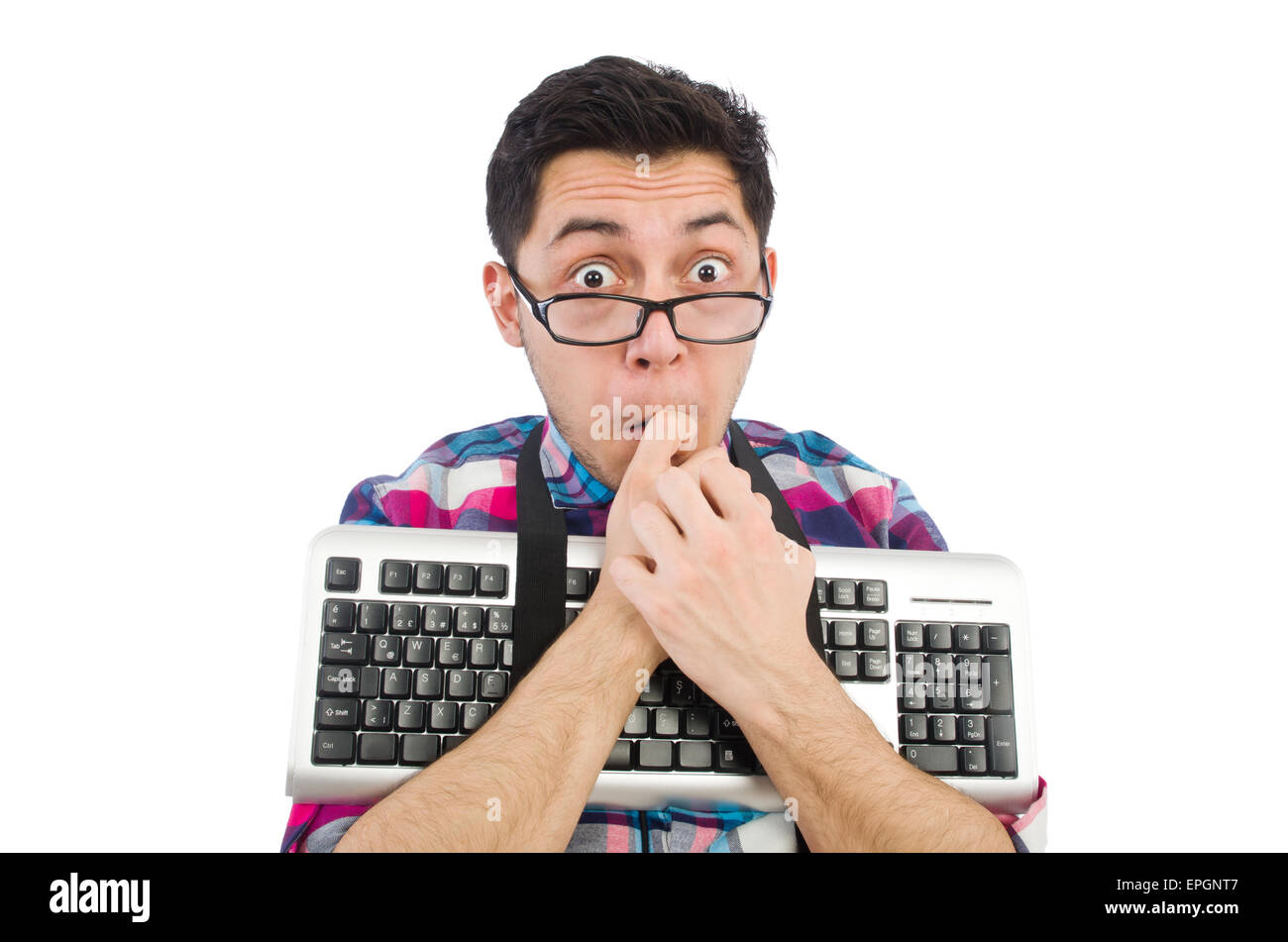 Computer nerd with keyboard isolated on white Stock Photo - Alamy