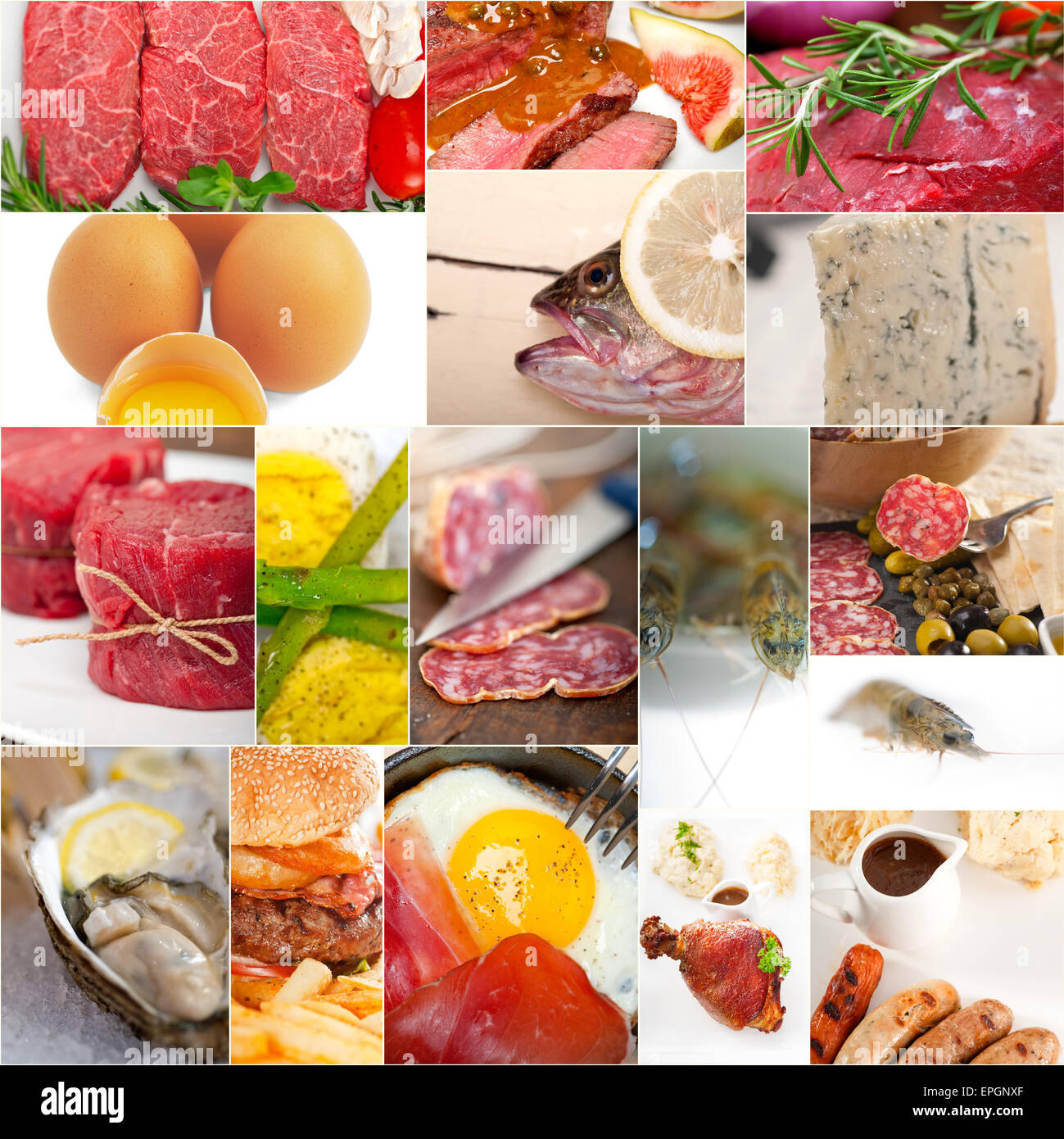 high protein food collection collage Stock Photo - Alamy