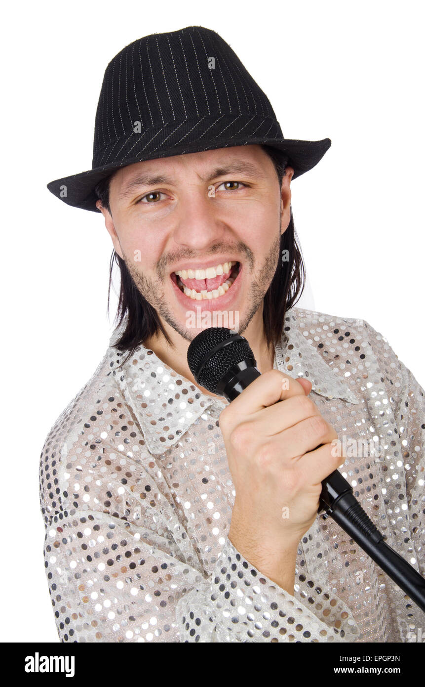 Man with mic isolated on white Stock Photo - Alamy