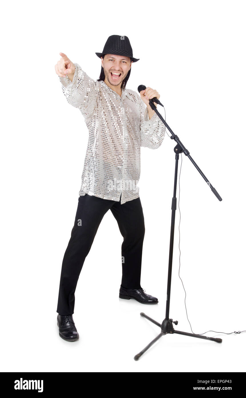 Man with mic isolated on white Stock Photo - Alamy