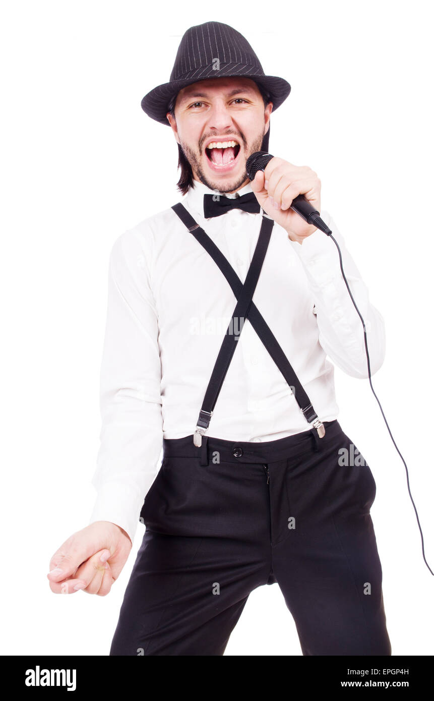 Funny man singing isolated on the white Stock Photo - Alamy