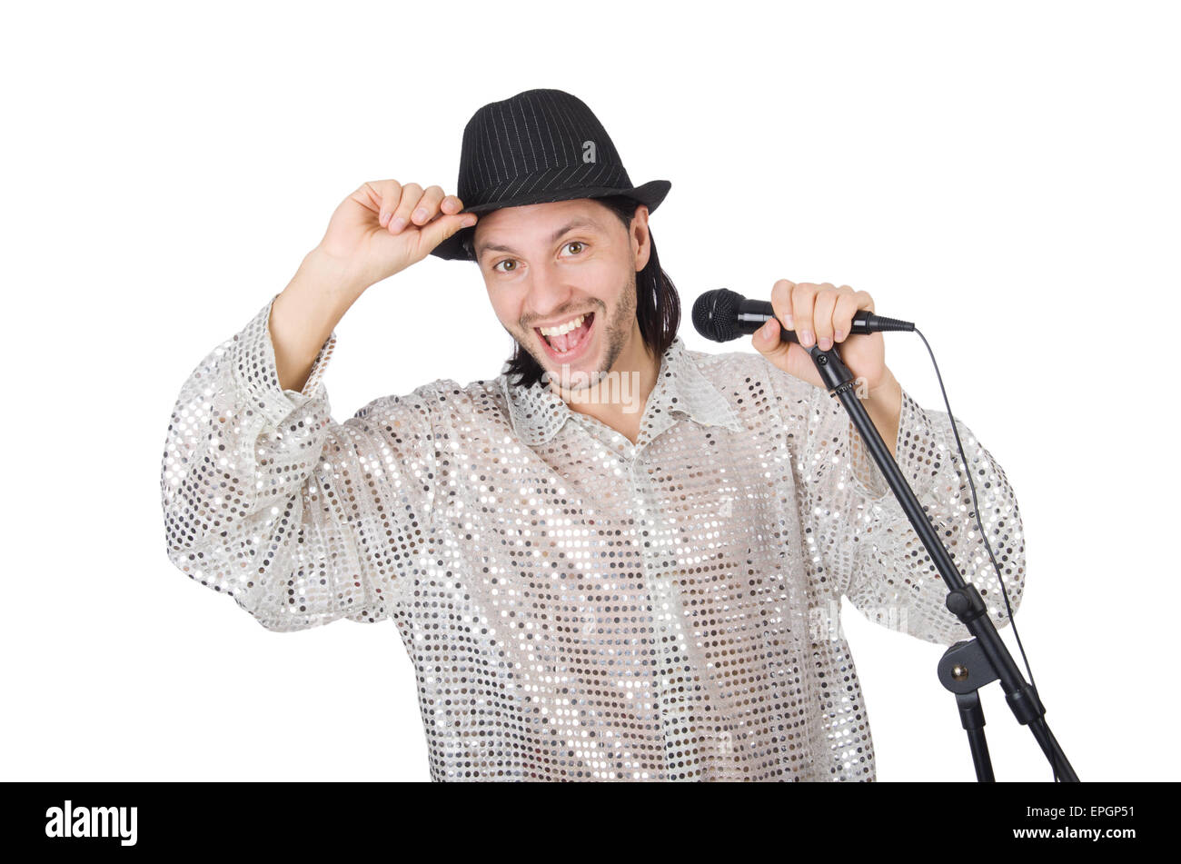 Man with mic isolated on white Stock Photo - Alamy