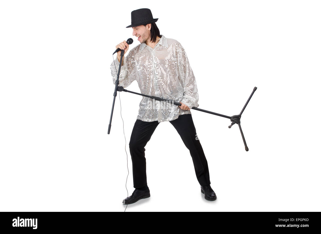 Man with mic isolated on white Stock Photo - Alamy