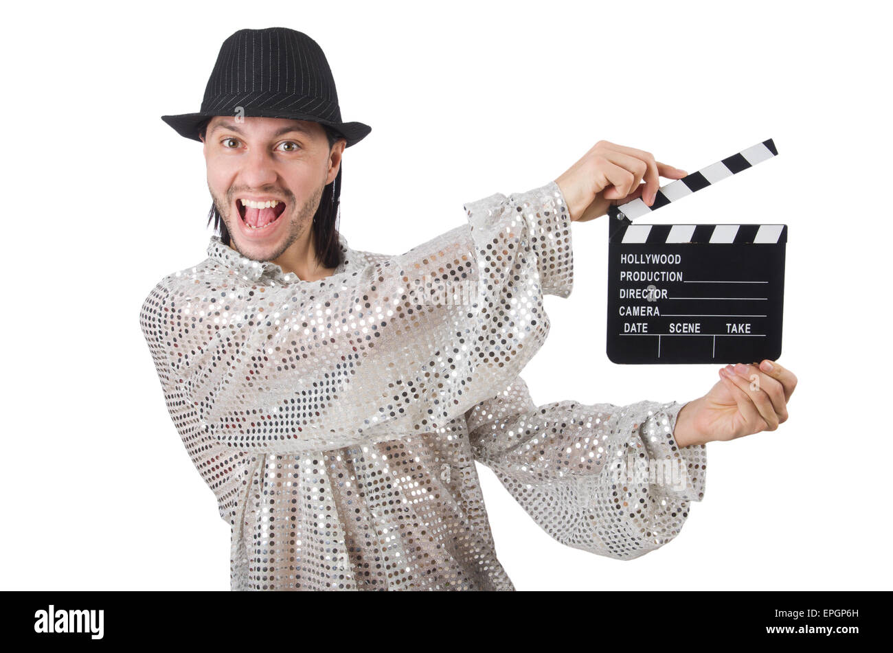 Man with movie clapperboard and hat Stock Photo - Alamy