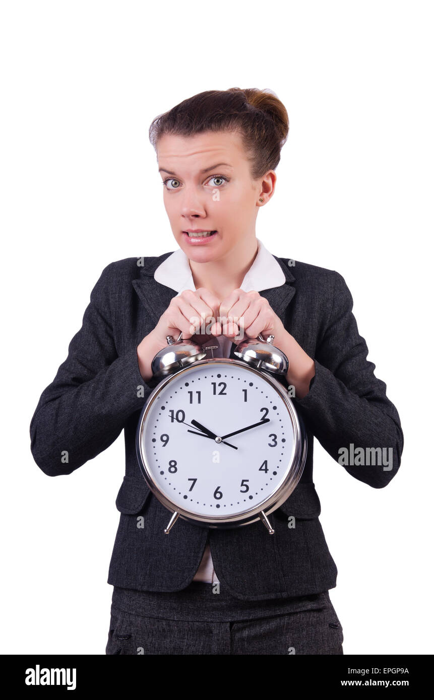 Businesswoman with clock missing her deadlines Stock Photo - Alamy