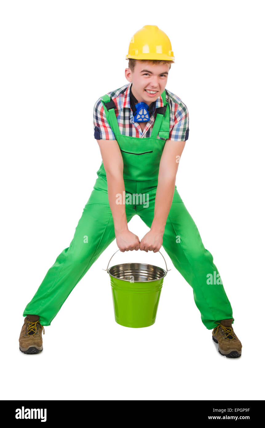 Funny painter with bucket isolated on white Stock Photo - Alamy