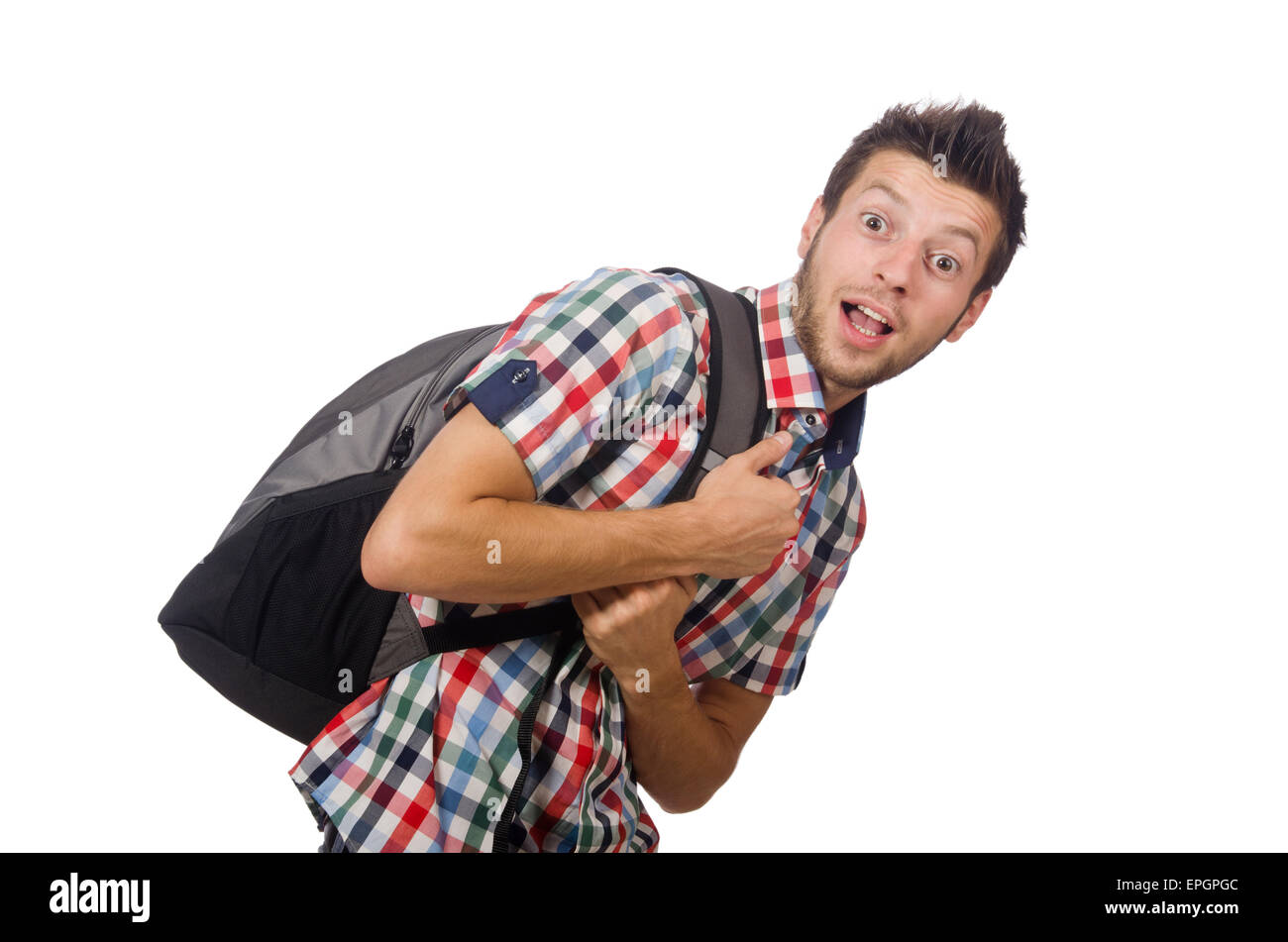 Man with backpack isolated on white Stock Photo - Alamy