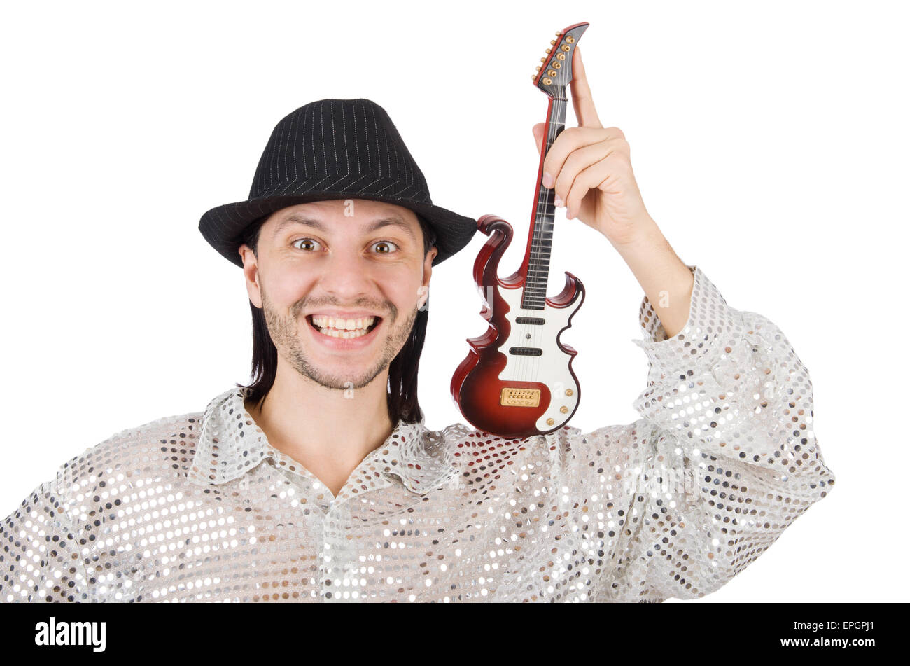 Man with small guitar in funny musical concept Stock Photo - Alamy