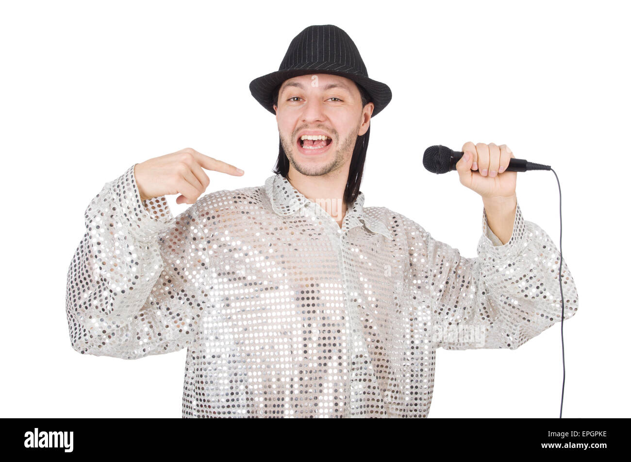Man with mic isolated on white Stock Photo - Alamy