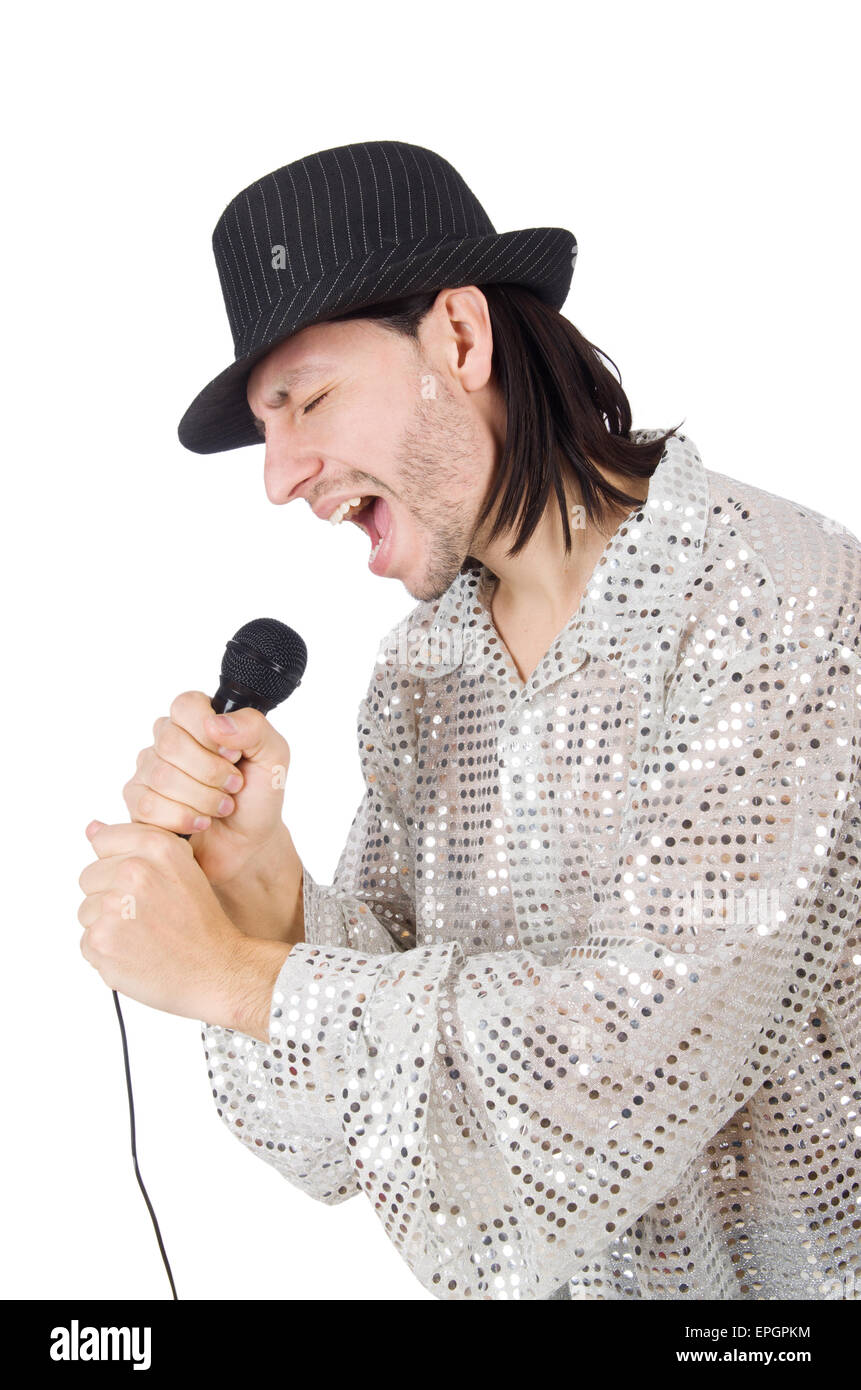 Man with mic isolated on white Stock Photo - Alamy