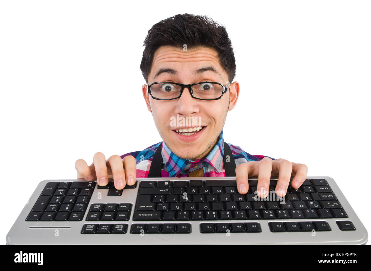 Computer nerd with keyboard isolated on white Stock Photo - Alamy