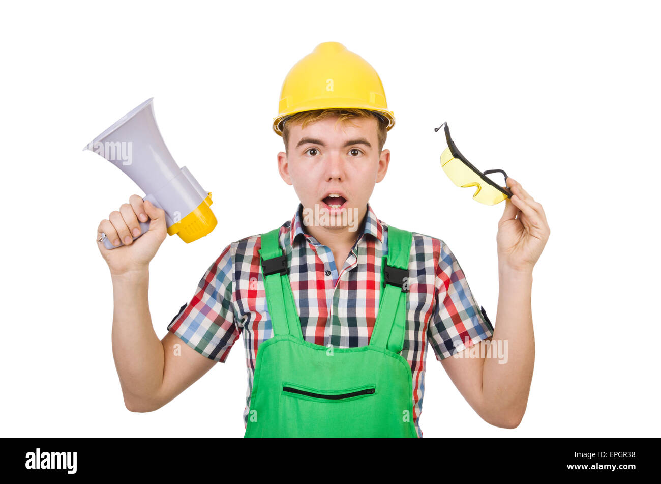 Funny construction worker with loudspeaker on white Stock Photo - Alamy