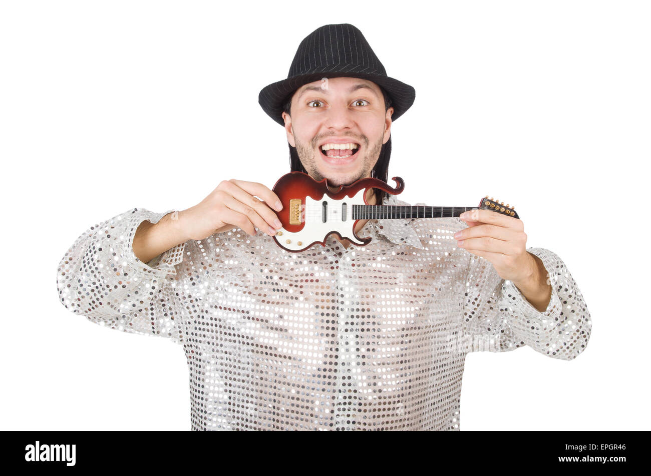 Man with small guitar in funny musical concept Stock Photo - Alamy