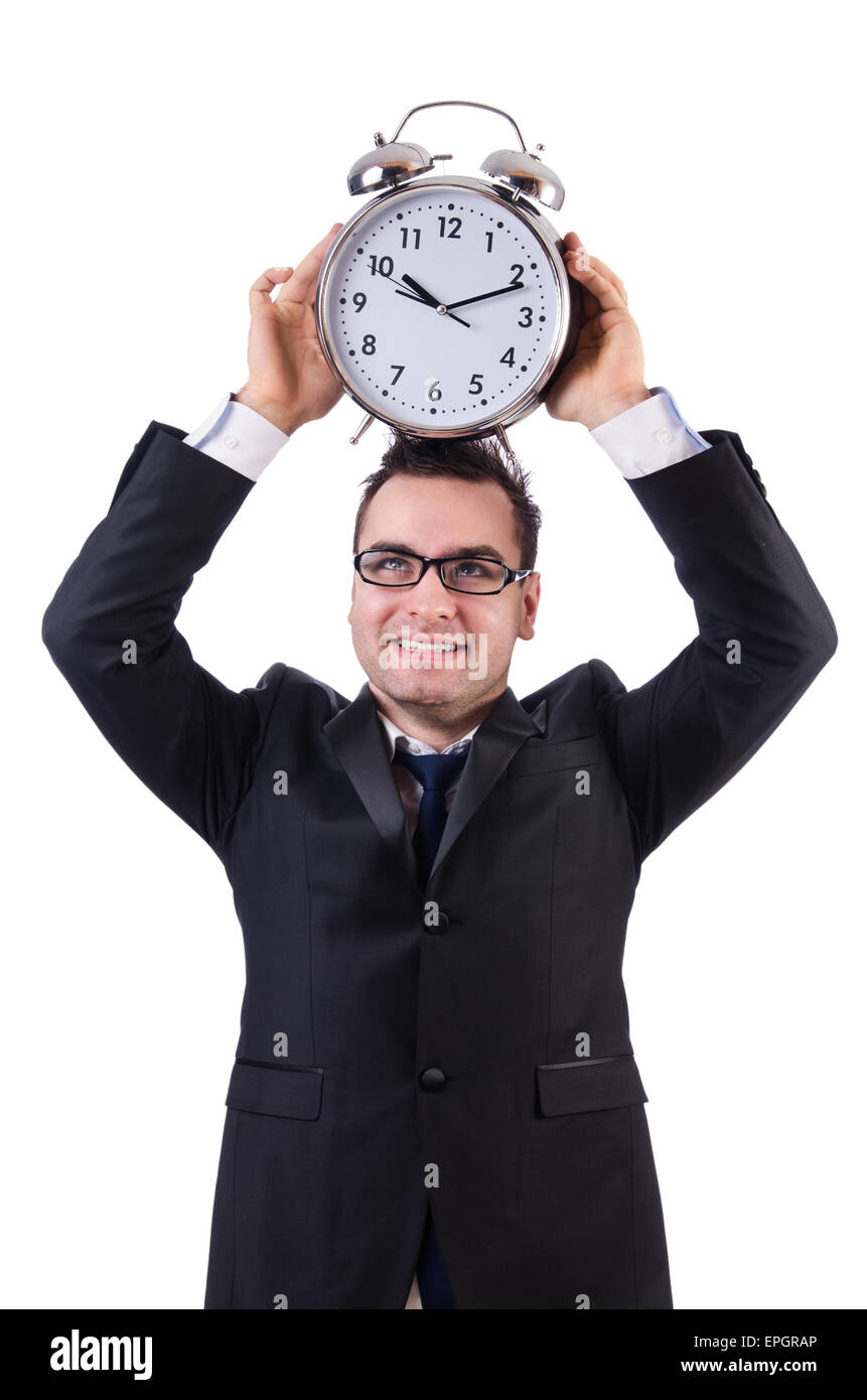 Man with alarm clock isolated on white Stock Photo - Alamy