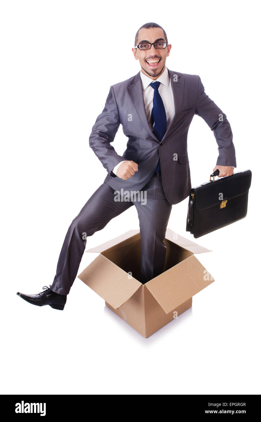Man in thinking outside the box concept Stock Photo - Alamy