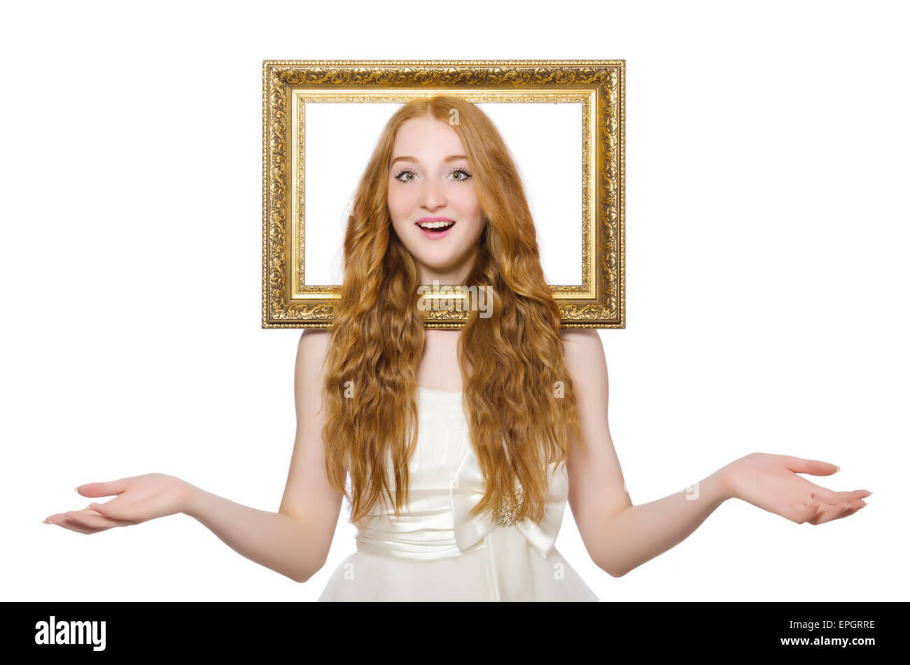 Woman holding picture frame isolated on white Stock Photo - Alamy