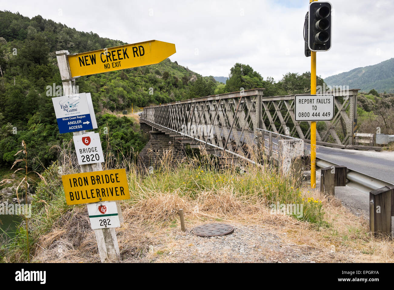 The iron bridge single lane crossing over the Buller River, New Zealand ...