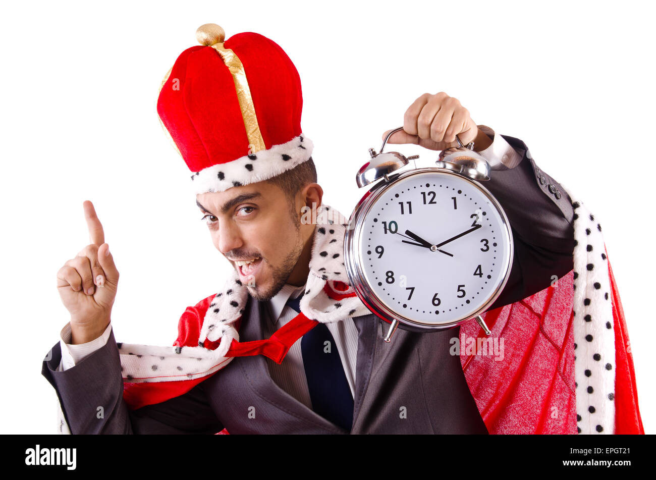 Man king with clock isolated on the white Stock Photo - Alamy