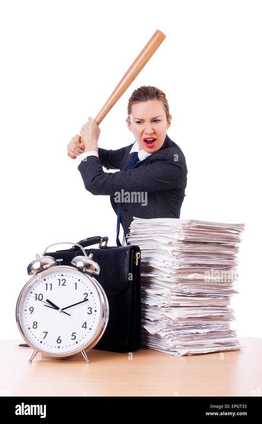Angry woman with baseball bat under stress missing deadline Stock Photo ...