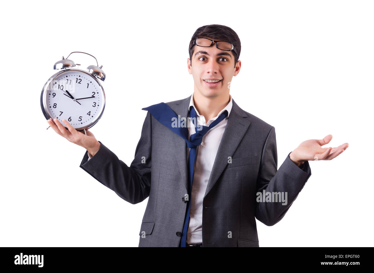 Man with clock afraid to miss deadline isolated on white Stock Photo ...