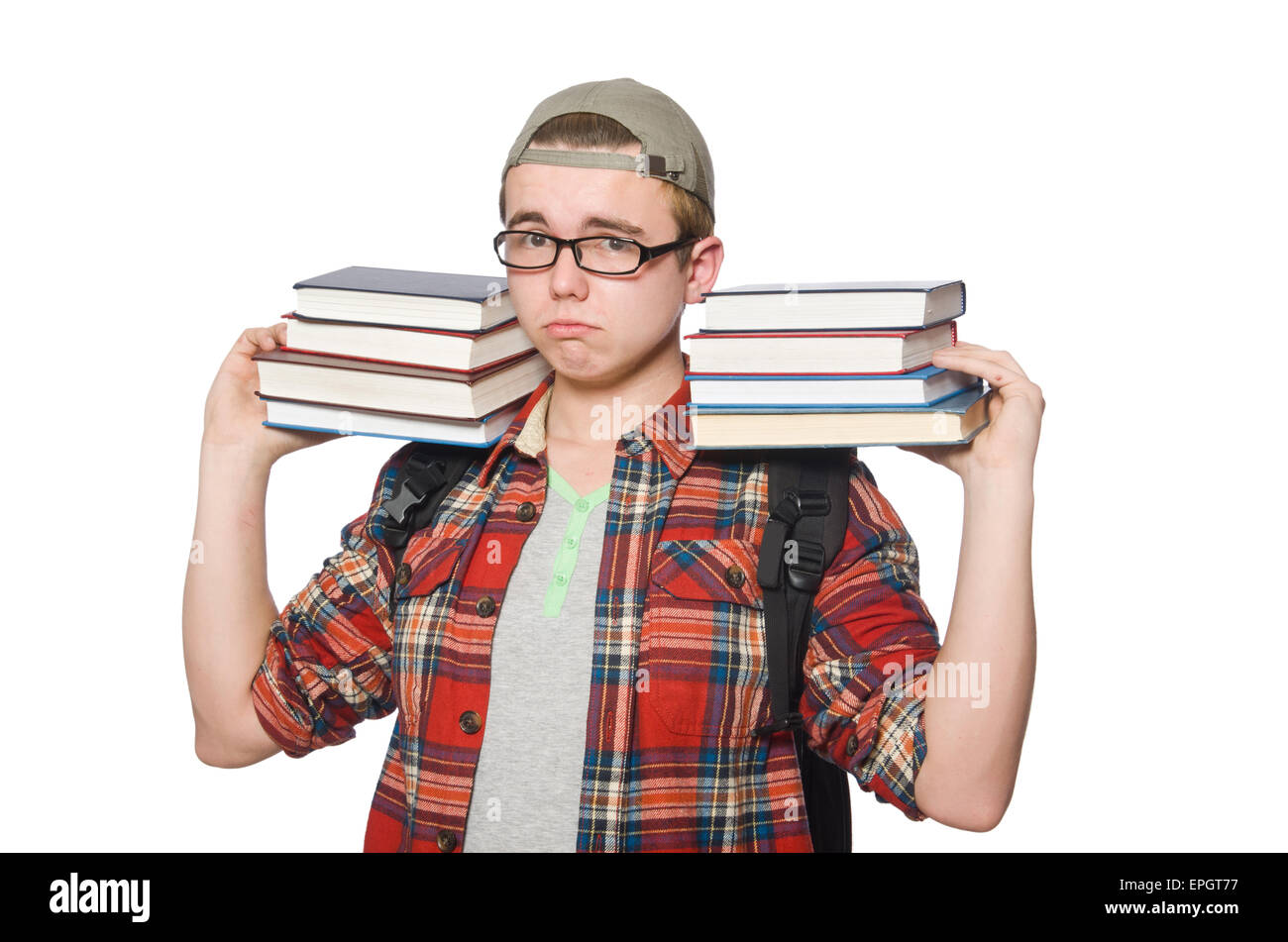 Funny student with stack of books Stock Photo - Alamy