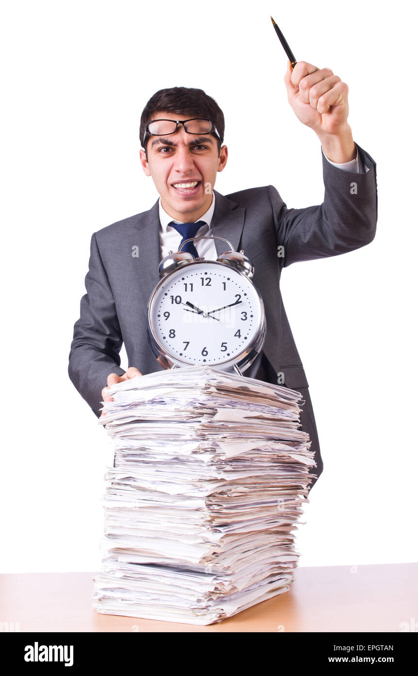 Busy man with stack of papers isolated on white Stock Photo - Alamy